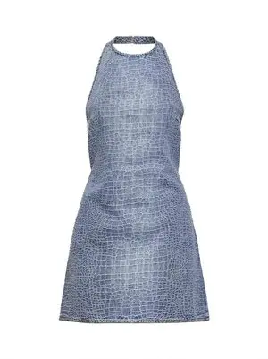 SELF-PORTRAIT Blue Rhinestone Croc-effect Denim Mini Dress - Multicolor