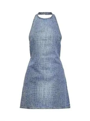 SELF-PORTRAIT Rhinestone Embellished Croc-effect Denim Mini Dress - Multicolor