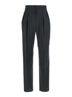 Max Mara Sesamo' Black Pants With Front Concealed Closure And All-over Striped Motif In Wool - Multicolor