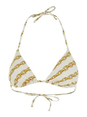 Versace White Bikini Top With All-over Chain Print In Tech Fabric Stretch - Multicolor