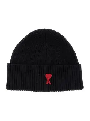 AMI Paris Wool Ribbed Beanie Cap - Black