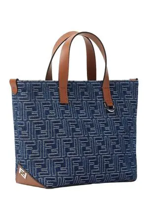 Fendi Blue Shopper With Top Handles And All-over Ff Motif In Cotton - Multicolor