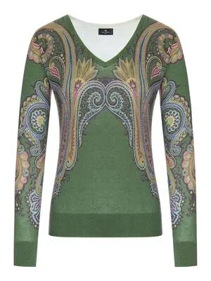 Etro Silk And Cashmere V-neck Sweater With Placed Paisley Print - Green