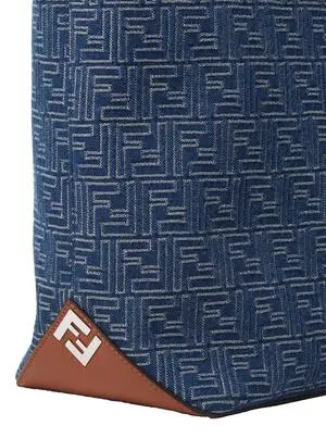 Fendi Blue Shopper With Long Handles And All Over Ff Motif In Cotton - Multicolor
