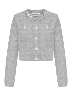 SELF-PORTRAIT Grey Cardigan With Crystal Finishing - Gray
