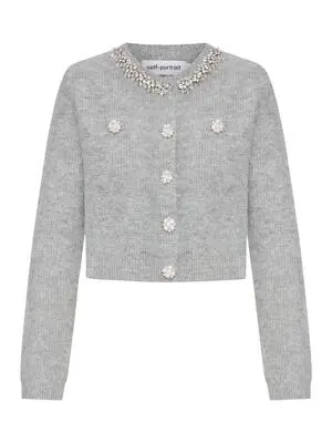 SELF-PORTRAIT Grey Cardigan With Crystal Finishing - Gray