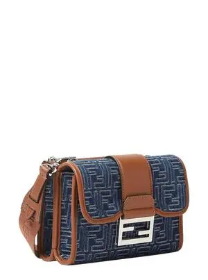 Fendi Baguette Double' Blue Crossbody Bag With Magnetic Ff Closure And All-over Motif In Blue Cotton - Multicolor