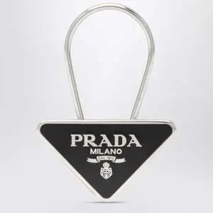 Prada Silver Keyring In Enamelled Metal - Black
