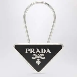 Prada Silver Keyring In Enamelled Metal - Black