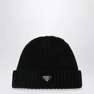 Prada Virgin Wool Beanie With Enamelled Triangle Logo - Black