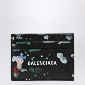 Balenciaga Cash Leather Card Holder With Painterâ€s Print - Black
