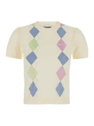 GANNI Short-sleeved Cotton Argyle Sweater - White