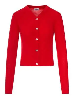 GANNI Wool Cardigan With Embroidered Logo - Multicolor