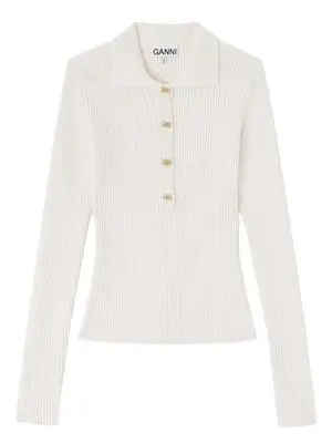 GANNI Ribbed Polo Shirt - Cream