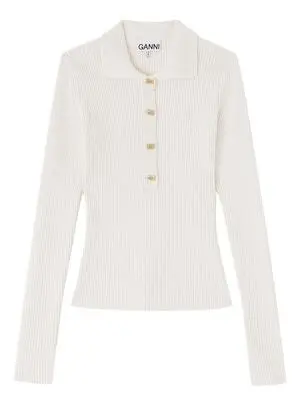 GANNI Ribbed Polo Shirt - Cream