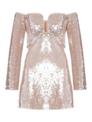 SELF-PORTRAIT Off-shoulder Sequin Mini Dress - Cream