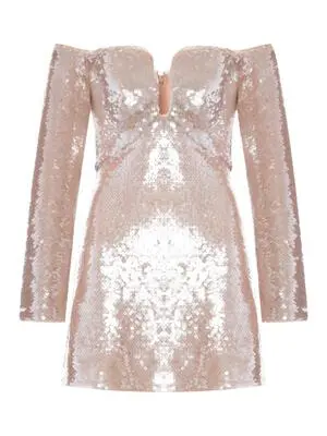 SELF-PORTRAIT Off-shoulder Sequin Mini Dress - Cream