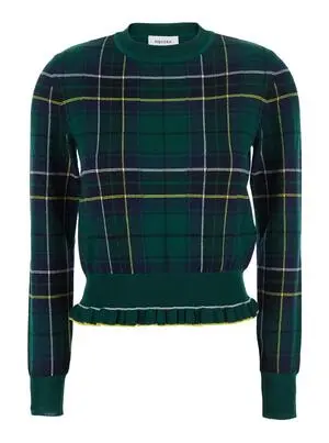 ALEXANDER MCQUEEN Alexander Mcqueen Women Green Crew Neck Sweater With Tartan Pattern And Fringed Hem In Wool Woman