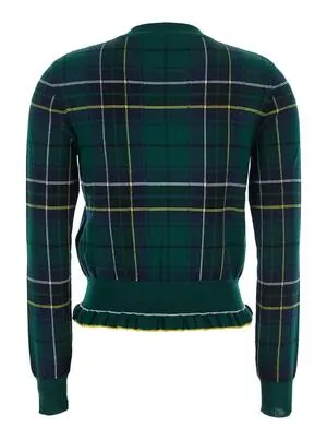 Alexander McQueen Green Crew Neck Sweater With Tartan Pattern And Fringed Hem In Wool - Multicolor