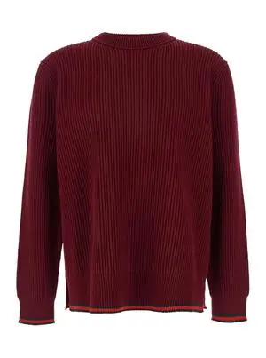 Gucci Red Crewneck Sweater With Web Detail In Ribbed Wool Blend - Multicolor
