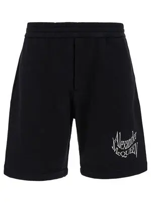 Alexander McQueen Black Shorts With Contrasting Logo Lettering Print In Cotton - Multicolor