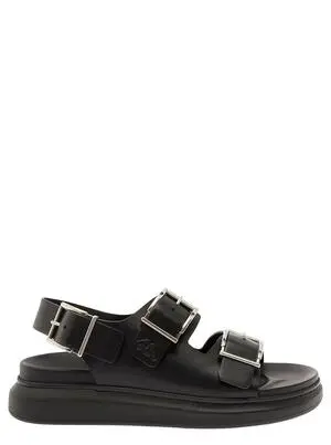 Alexander McQueen Black Slide Sandals With Embossed Logo In Leather - Multicolor