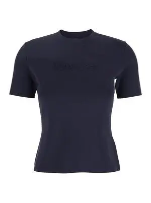 Max Mara Blue Crewneck T-shirt With Tonal Logo Lettering On The Front In Viscose Blend - Multicolor