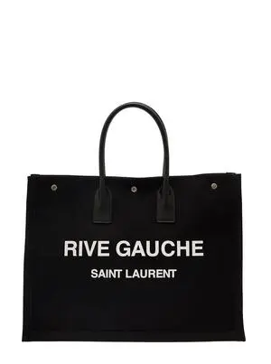 Saint Laurent Big Rive Gauche' Tote Bag With Contrasting Logo Print In Cotton - Black