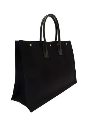 Saint Laurent Big Rive Gauche' Tote Bag With Contrasting Logo Print In Cotton - Black