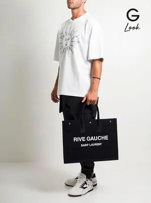 Saint Laurent Big Rive Gauche' Tote Bag With Contrasting Logo Print In Cotton - Black