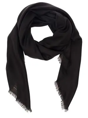 Saint Laurent Black Scarf With Jacquard Logo And Fringed Hem In Wool And Silk - Multicolor