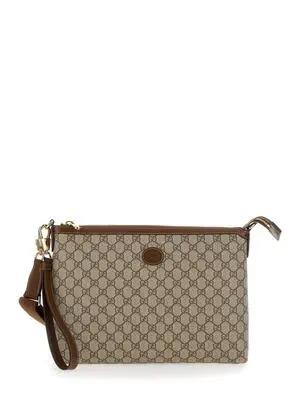 Gucci Beige And Ebony Pouch With Gg Patch In Gg Supreme Canvas - Multicolor
