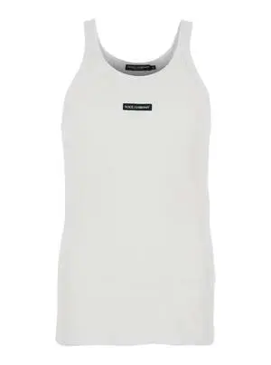 Dolce & Gabbana Sleeveless Tank Top With Round Neck And Logo Patch On The Front In Cotton For - White