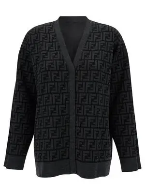 Fendi Black Reversible Cardigan With Jacquard Ff Motif In Knit - Multicolor