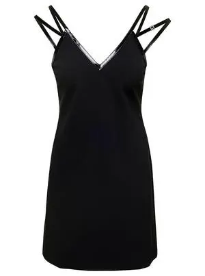 Gucci Mini Black Dress With Black Leather Trim And Double Strap In Stretch Viscose - Multicolor