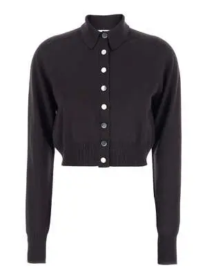 Sportmax Perseo' Black Cropped Cardigan With Button Down Collar And Ribbed Trims In Wool - Multicolor