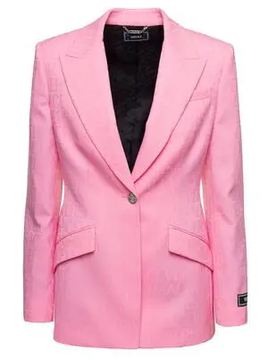Versace Pink Single-breasted Jacket With All-over Tonal Logo Lettering Print In Wool - Multicolor