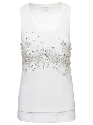 Bottega Veneta White Ribbed Tank Top With Embroidered Crystal Embellishment In Jersey - Multicolor