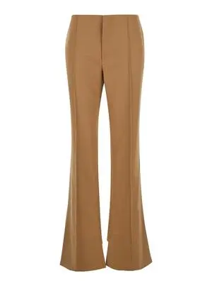 Chloé Beige Flared Pants With Asymmetric Hem In Grain De Poudre Wool - Multicolor