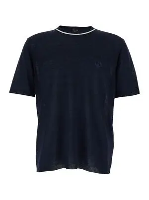 Giorgio Armani Blue Crew Neck T-shirt With Tone-on-tone Logo On The Front In Linen And Silk Blend For - Multicolor