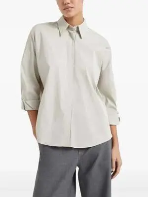 Brunello Cucinelli Monili Trim Stretch Cotton Poplin Blouse