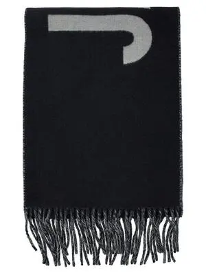 Jacquemus Scarf 'l'echarpe With Maxi Logo Lettering And Fringed Edge In Black Wool - Multicolor