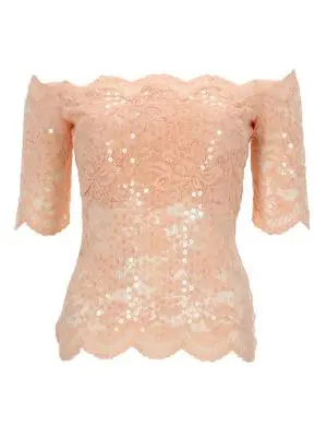 Rabanne Sequined Lace Off The Shoulder Top - Pink