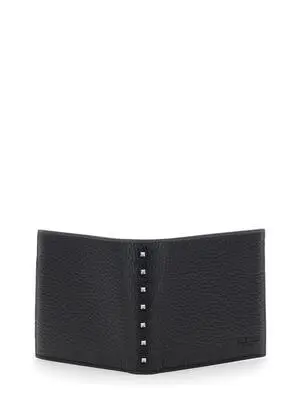 Valentino Garavani Black Bi-fold Wallet With Rockstud Details In Grained Leather
