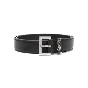 Saint Laurent Cassandre Logo Plaque Leather Belt - Black