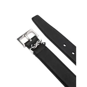 Saint Laurent Cassandre Logo Plaque Leather Belt - Black