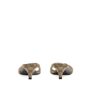 Gucci Gg Print Calf Leather Horsebit Detail Sandals - Cream