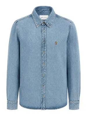 AMI Paris Light Denim Button-down Shirt With De Coeur - Blue
