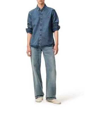 AMI Paris Light Denim Button-down Shirt With De Coeur