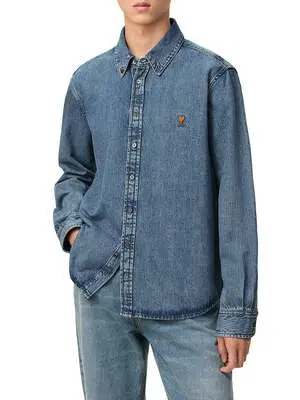 AMI Paris Light Denim Button-down Shirt With De Coeur